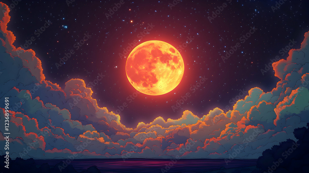 Blood moon rises over ocean at night, starlit sky; fantasy art, game ...