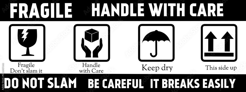 Fragile or Package Label stickers set. (Fragile, Handle with Care, This ...