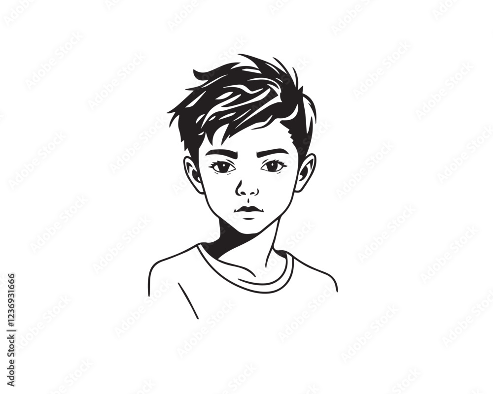 Little handsome short-haired boy. cartoon boy head outlines. Vector ...