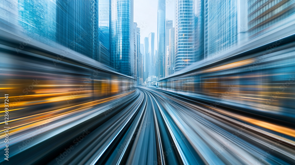 Blurred motion effect of a futuristic city subway or elevated metro ...