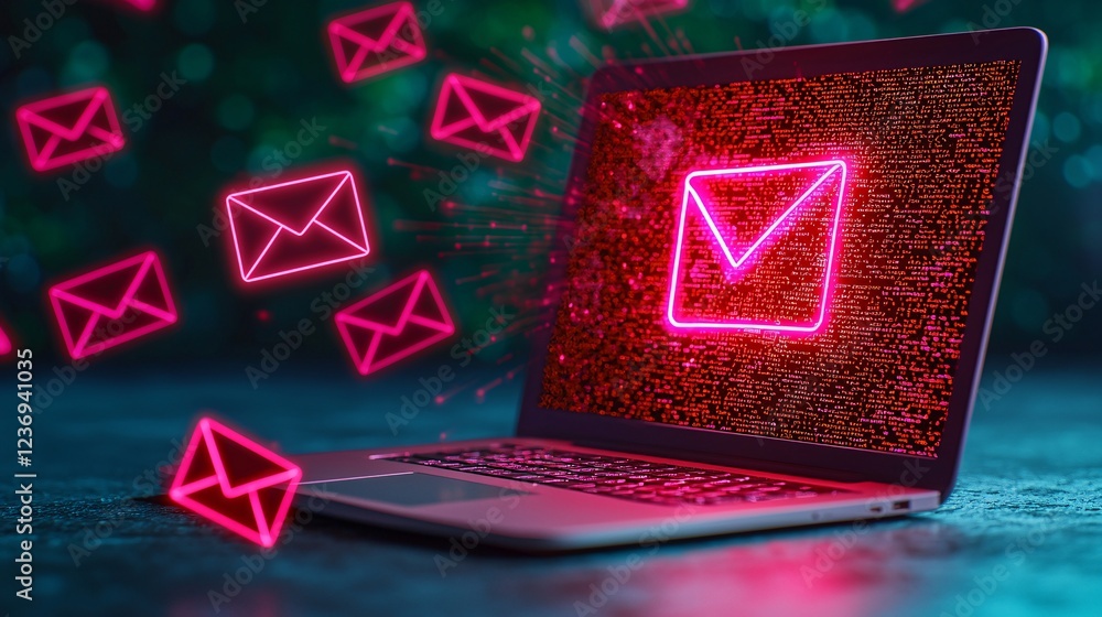 Red Alert Symbol Flashing on Laptop Screen with Email Icons Stock ...