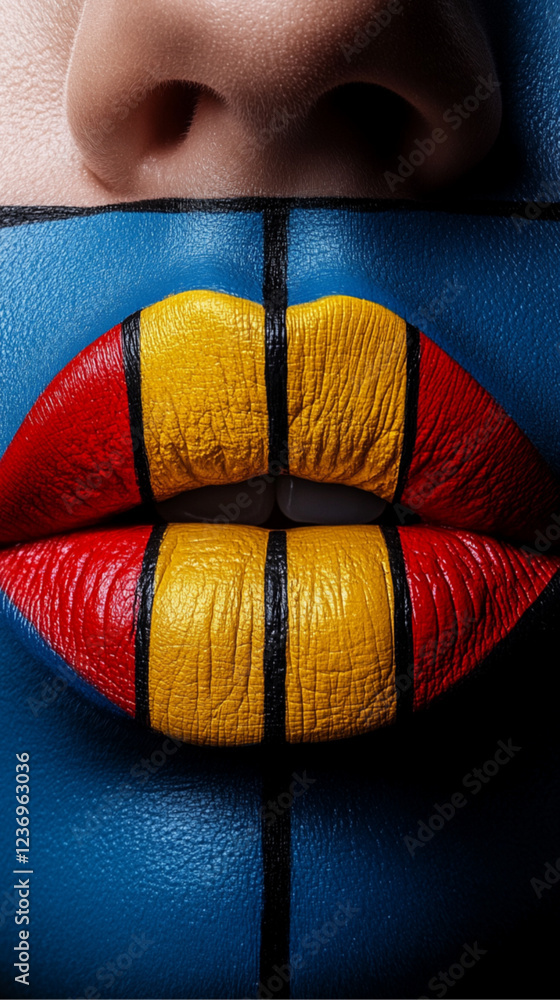 The lips are painted with a bold grid of black lines, creating separate ...