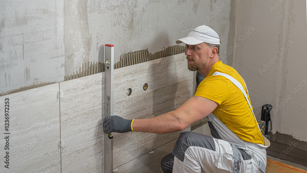 Tiling with large format tiles. A tiler measuring the verticality of ...