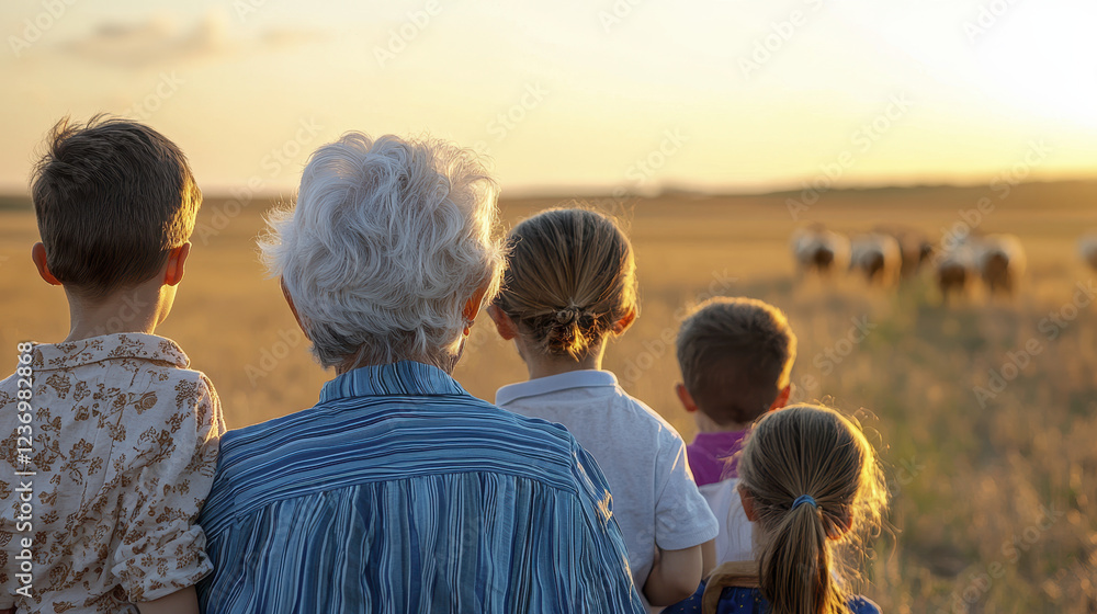 touching moment of grandmother and children watching cows in field at ...