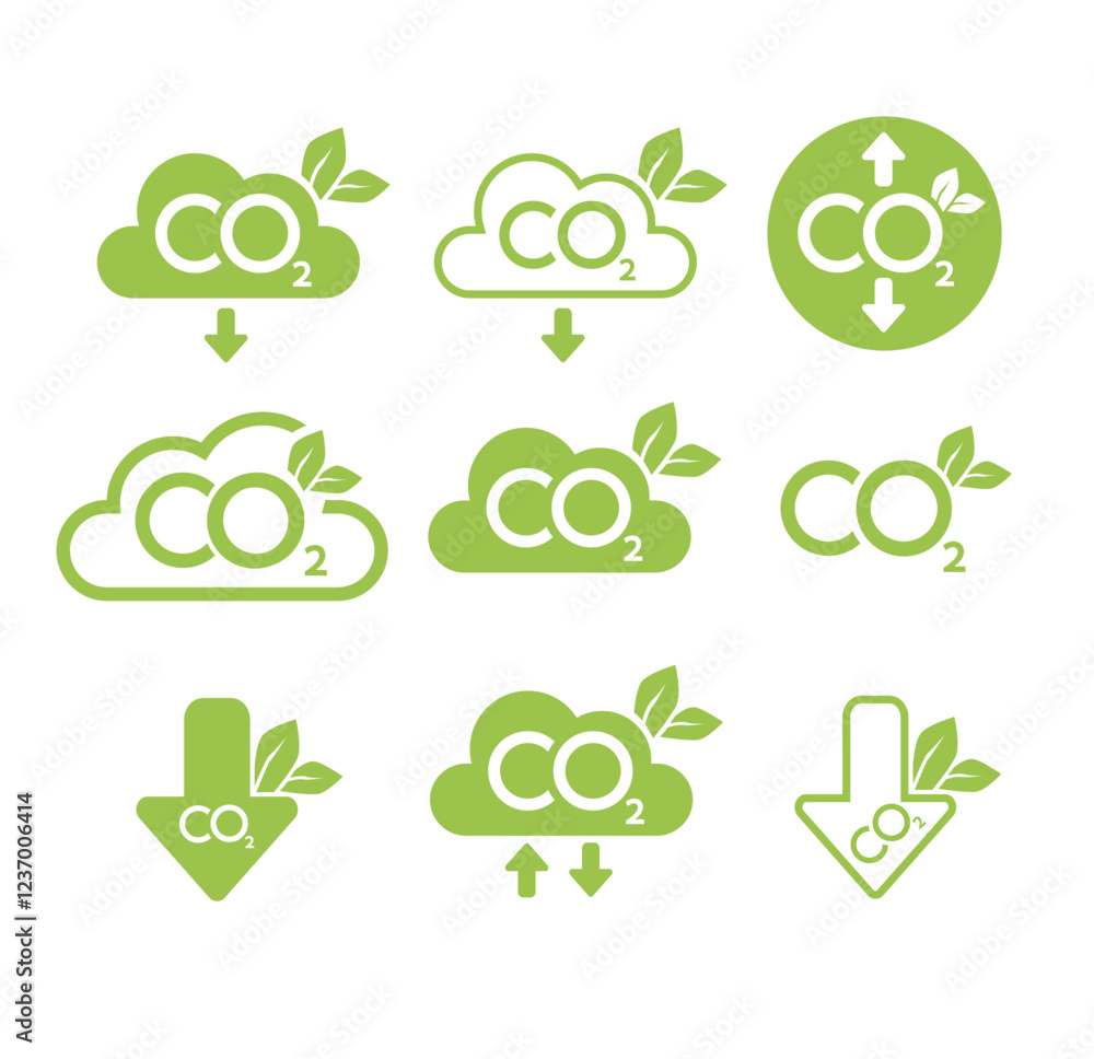 CO2 neutral icon set. Carbon gas emission reduction green labels ...