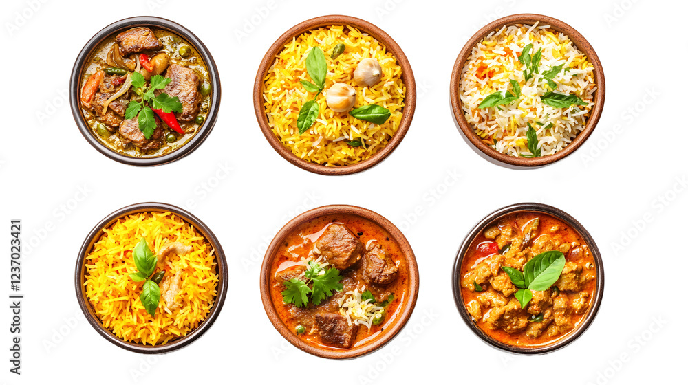 Set of mutton biryani beef biryani, flat lay top view, isolated on a ...