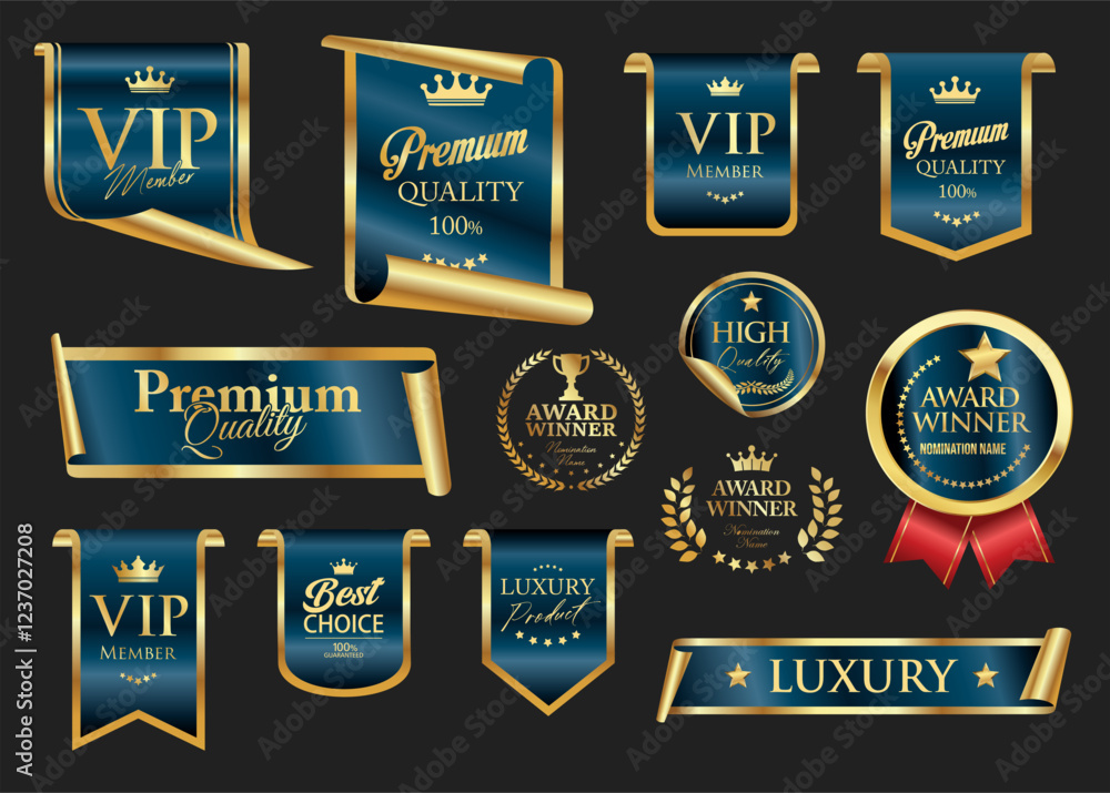 VIP and premium emblem and badges blue and gold color isolated on black ...