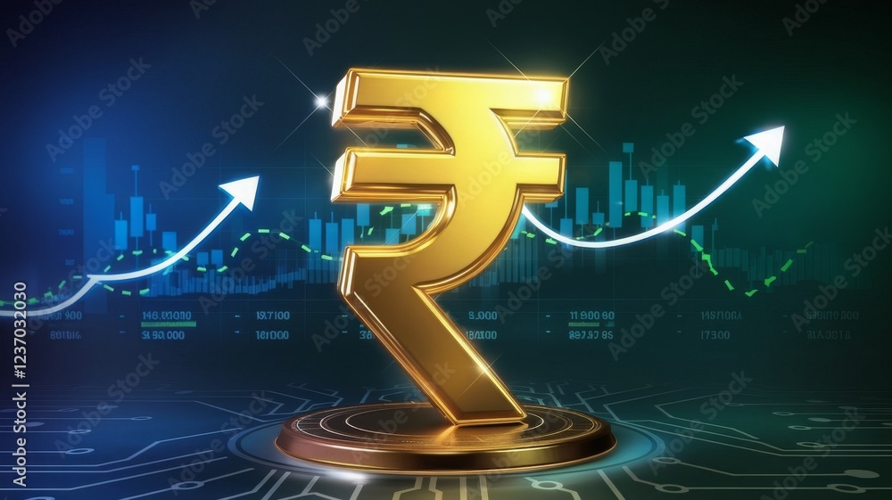 Indian Rupee Symbol with Floating Digital Growth Charts, Bar Graphs ...