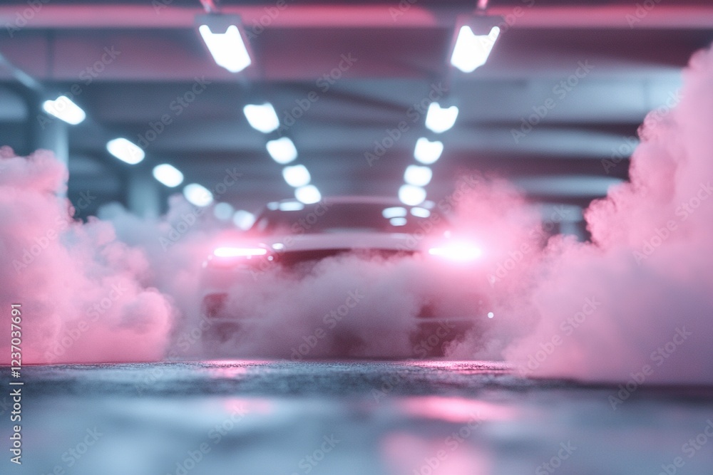 Cars drift through a dimly lit parking garage, enveloped in swirling ...