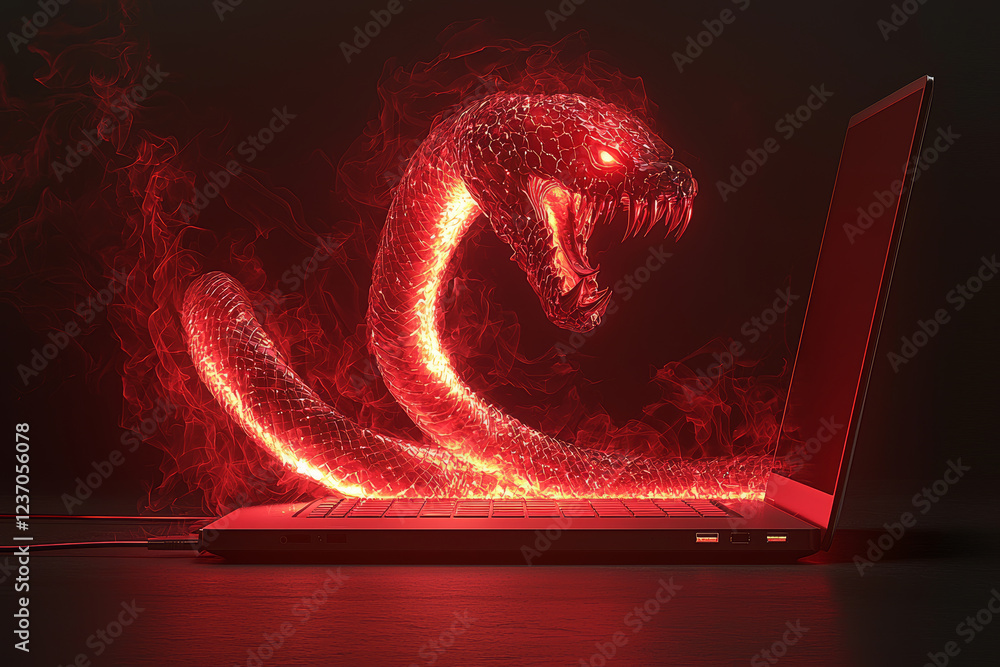 glowing red serpent emerges from laptop, symbolizing cyber threats and ...