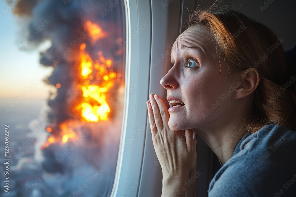 terrified female passenger looks out airplane window, witnessing ...