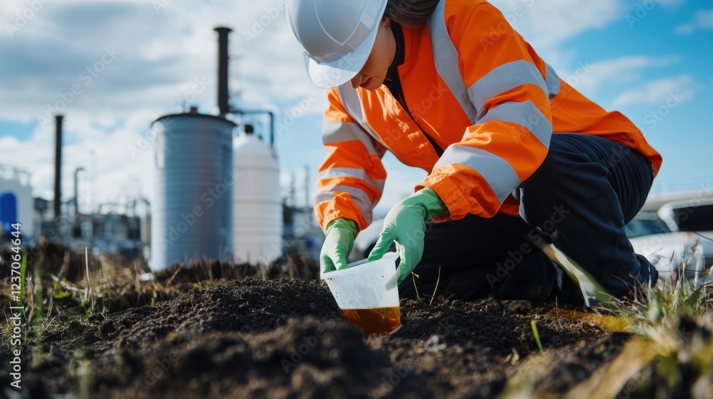 An environmental scientist conducting soil contamination tests in an ...
