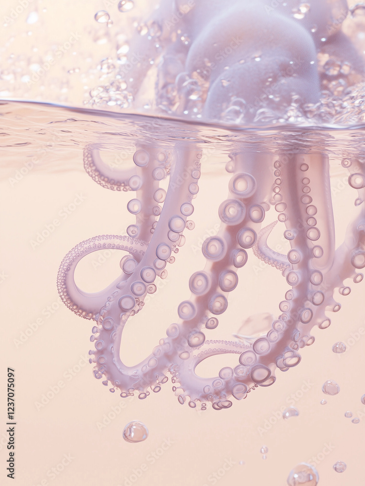 underwater shot of squid tentacles in hues of soft lavender, suspended ...