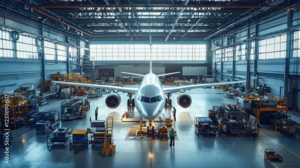 An expansive aerospace manufacturing hangar with engineers assembling ...