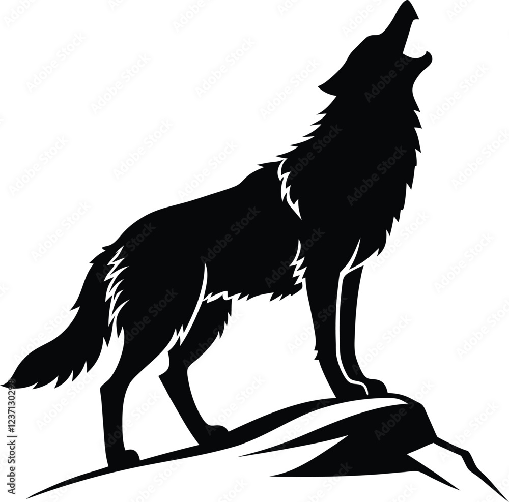 A stylized black and white silhouette of a wolf howling. Howling Wolf ...