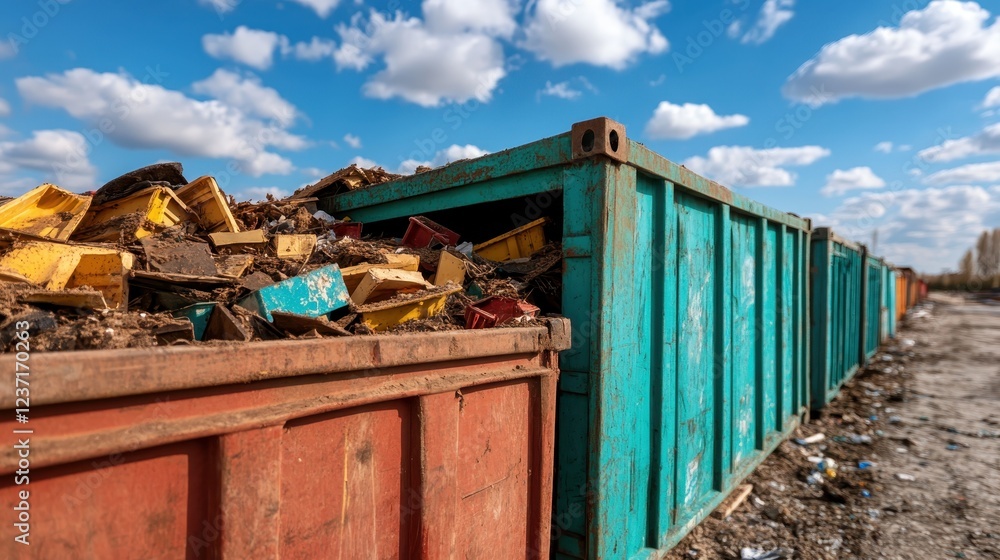 This image illustrates waste management with full trash bins under a ...