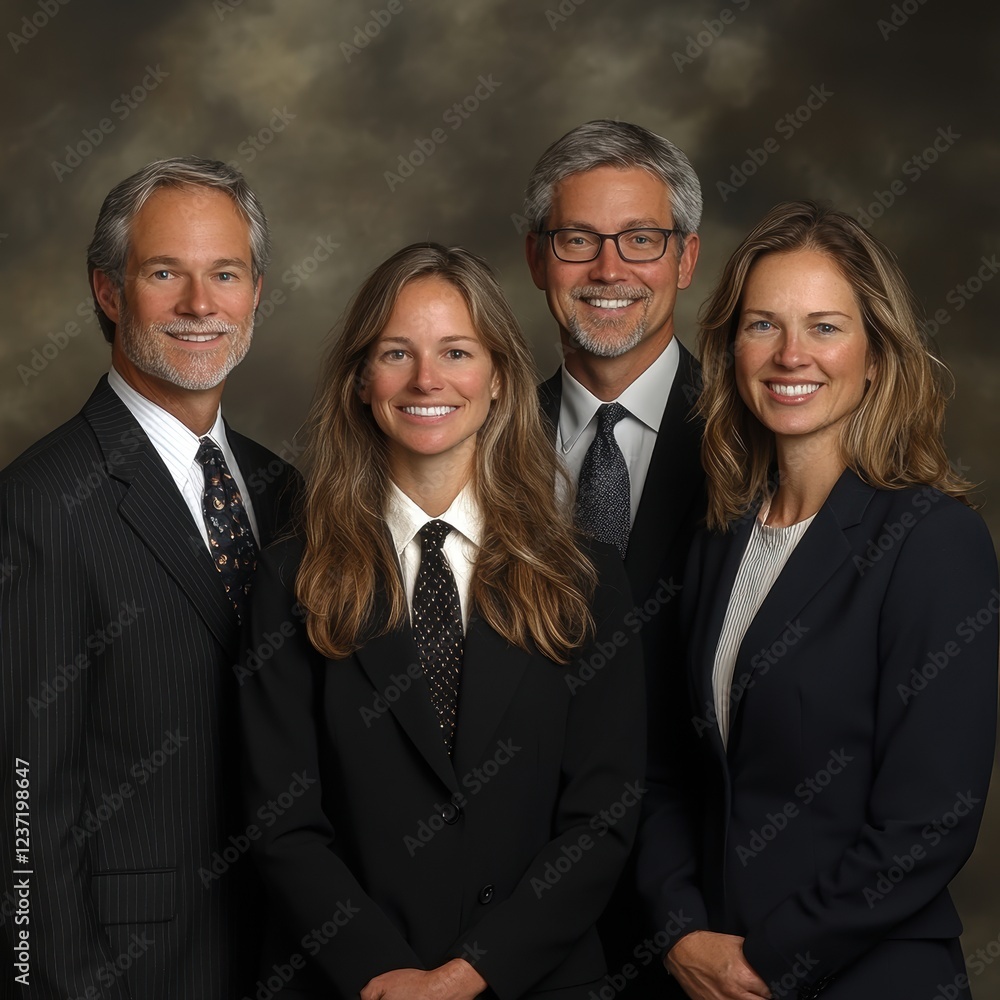 Group of Four Professionals Posing in Formal Attire Against a Neutral Backdrop Highlighting ...