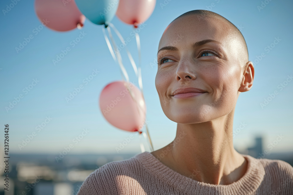 Bald Woman Smiling Joyfully with Balloons in City Landscape: A Portrait ...