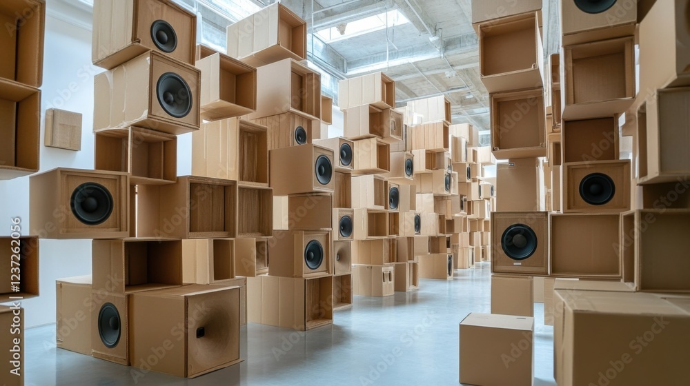 Art installation of cardboard boxes with speakers in industrial gallery ...