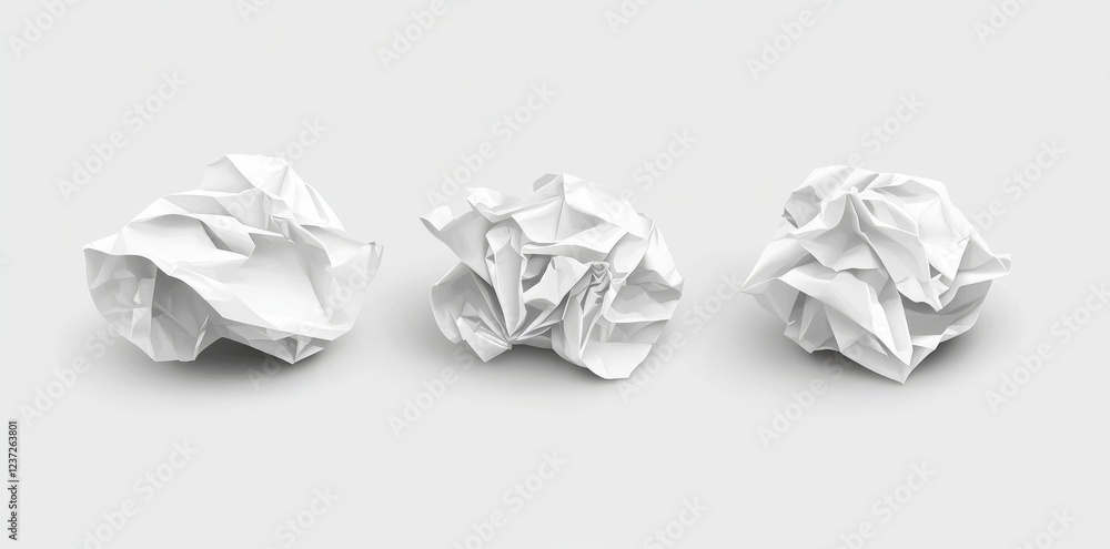 Three different white crumpled and creased paper sheets: one with a ...