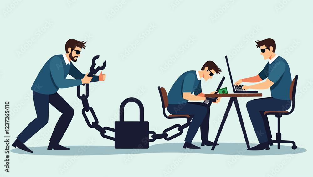 Set of cartoon hackers hacking devices. Men on black brake chain of locked laptop with bolt ...