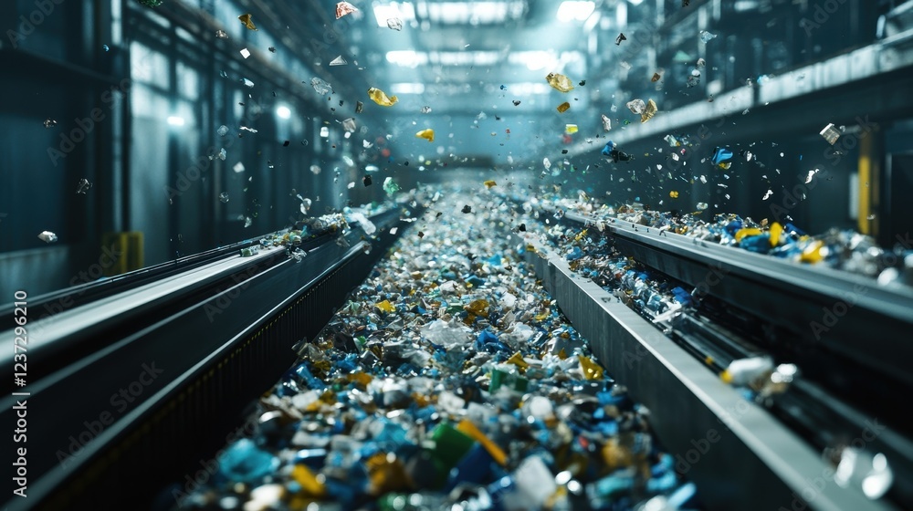 Inside a modern recycling facility, shredded plastic pieces move along ...