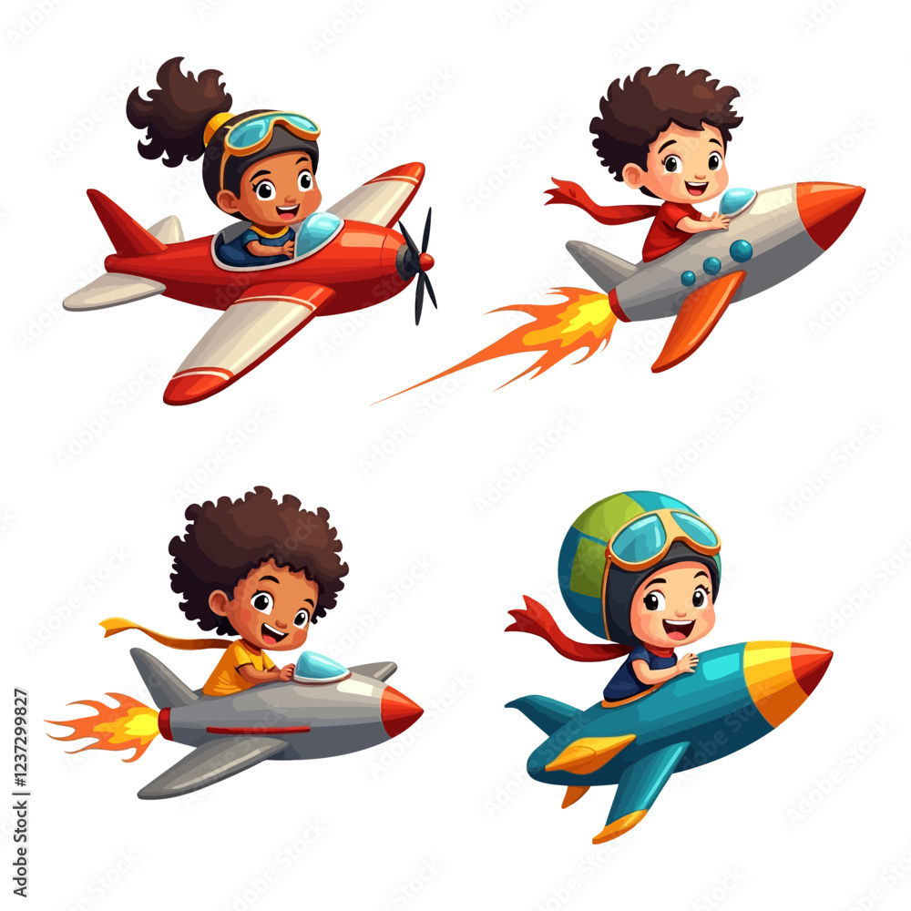 Kids, children flying in aircrafts - plane, rocket, hot air balloon ...
