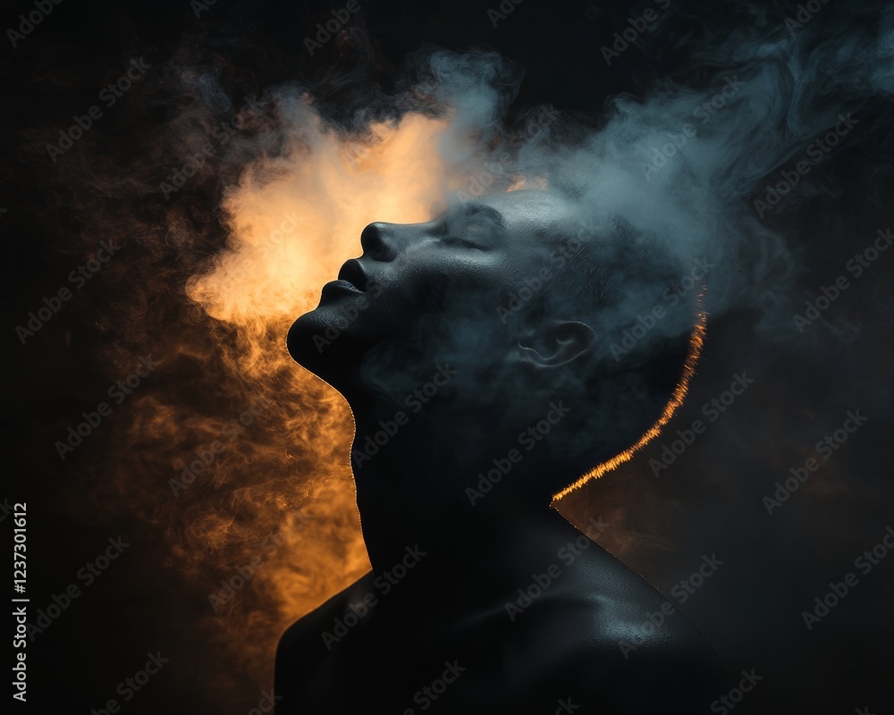 High-detail image of a person breathing out vapor, with mist ...