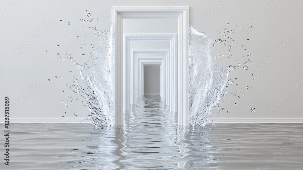 flooded hallway, water up to door frames, floating debris, quiet ...