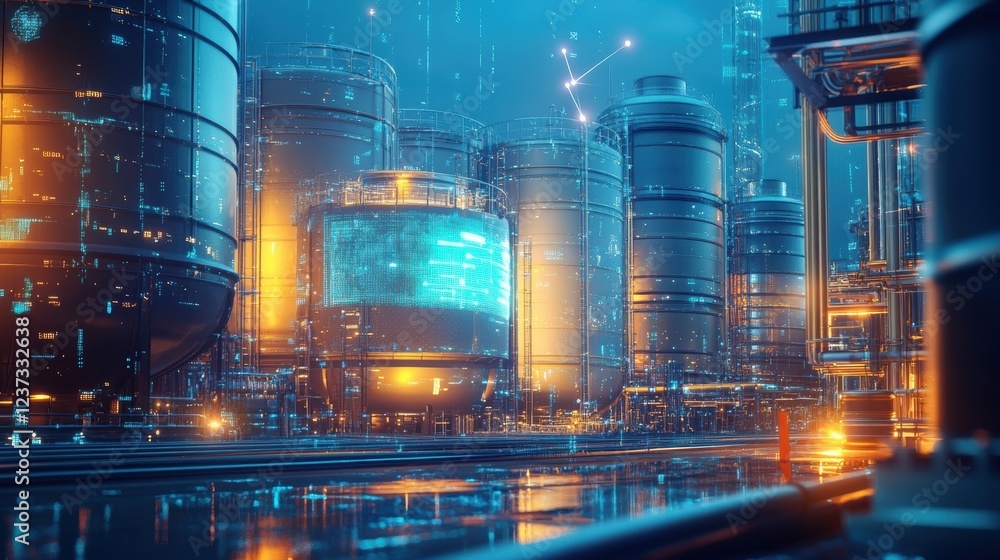 Futuristic refinery plant at night managing energy resources with ...