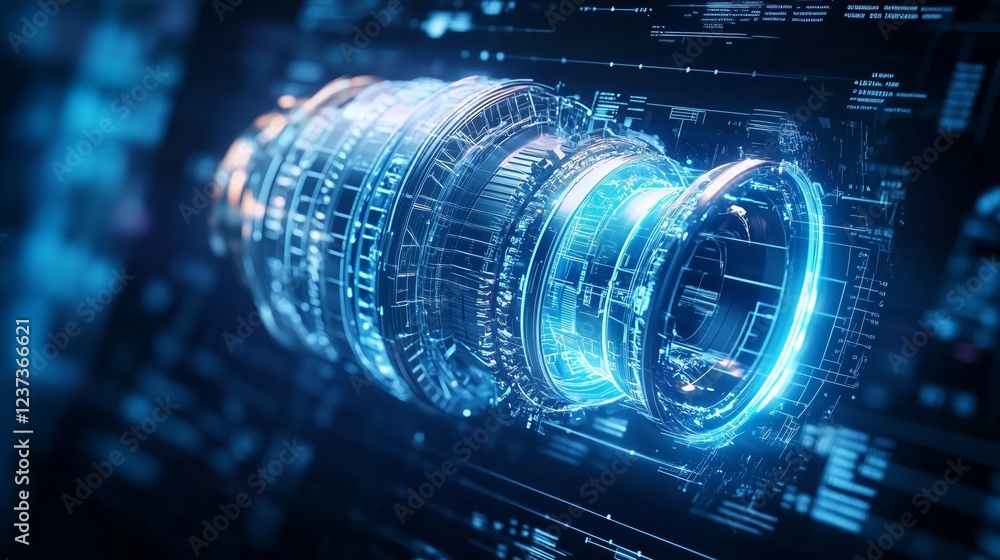 Rotating holographic blueprint displaying complex rocket engine design ...