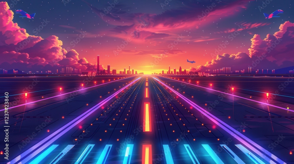 Pixel art airport runway glows under a vibrant 8-bit sunset. Retro ...