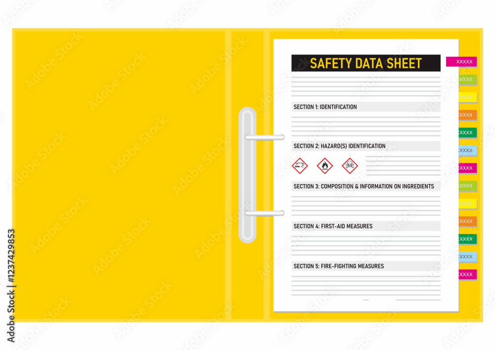 Illustration of safety data sheet document. SDS page in the binder ...