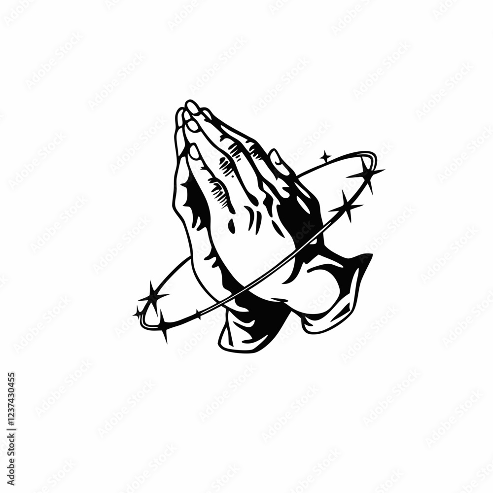 Powerful Illustration of Praying Hands Enclosed by Barbed Wire, Black ...