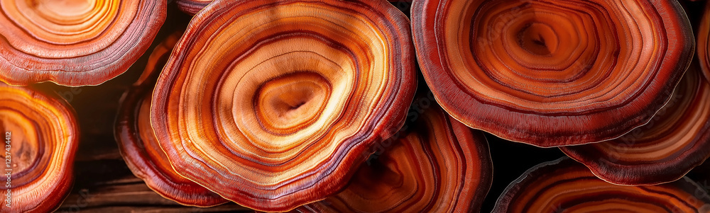 Reishi mushrooms growing, showing concentric rings and vibrant colors ...