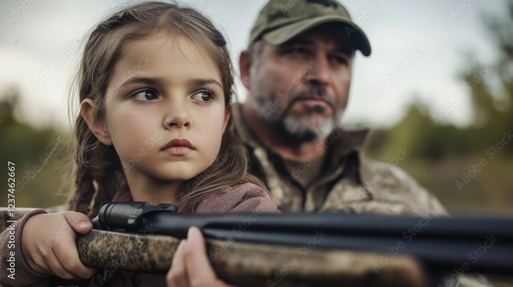 Young girl holding rifle with hunter father in background Stock Photo ...