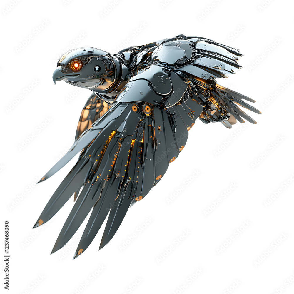Robotic Falcon with Glowing Eyes and Metallic Wings Flying Isolated on ...