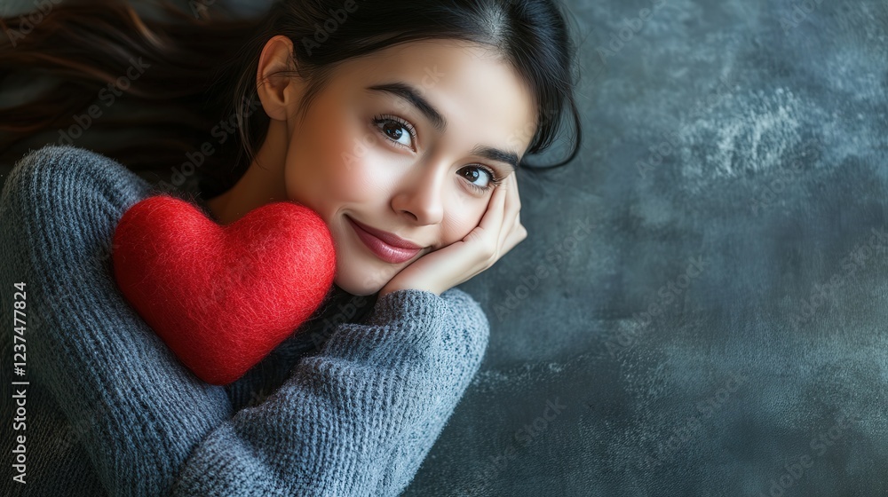 resting her chin on her hand, with a vivid red heart in front of her ...