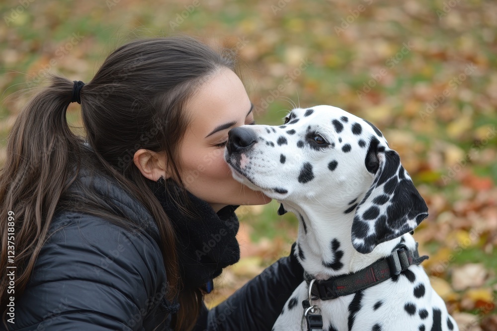 Girl in park kisses her Dalmatian showing affection for dogs and ...