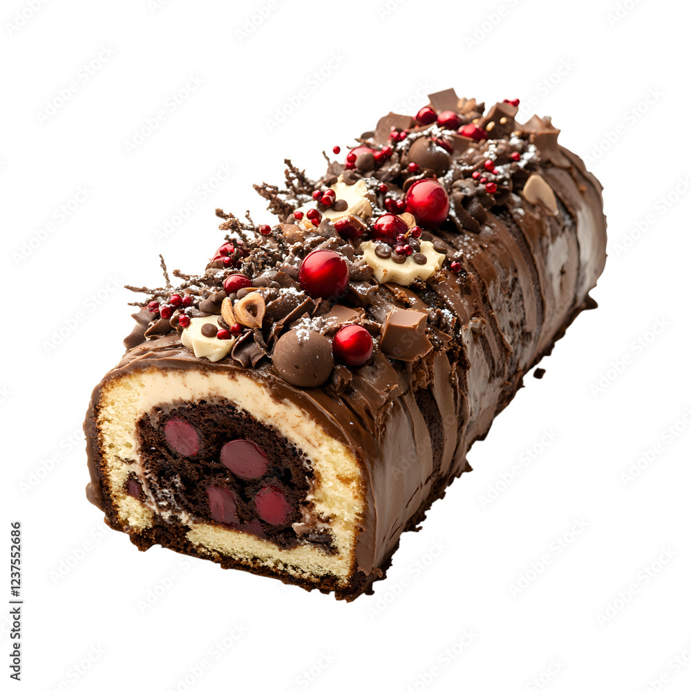 Chocolate Covered Yule Log Cake with Cranberries and Cherries Isolated ...