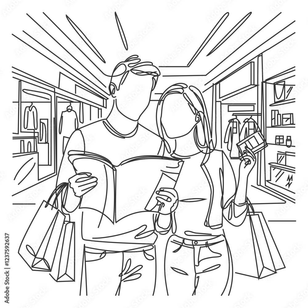 Continuous one line drawing of couple walking shopping at supermarket ...