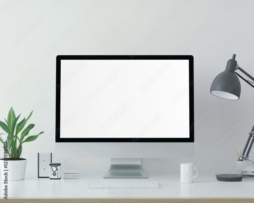 Sleek Modern Computer Desk Setup with Desktop, Lamp, and Plant in Home ...