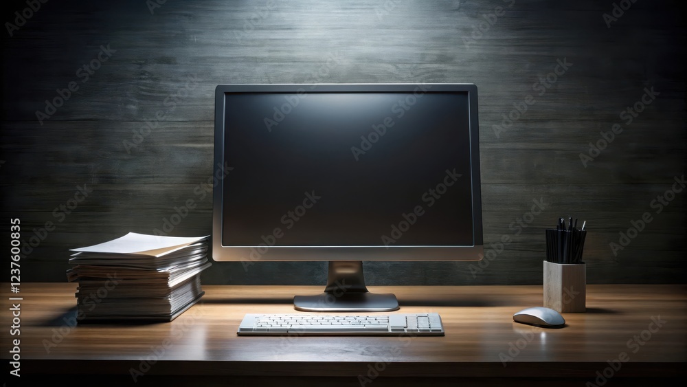 Dark office background with computer monitor and papers, workplace ...