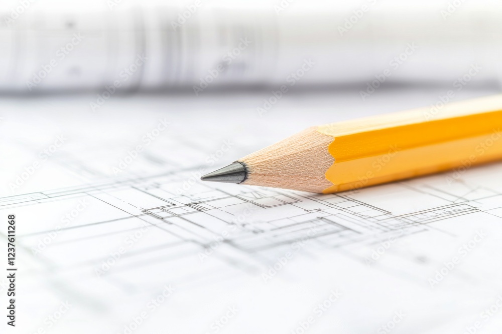 A pencil resting on top of architectural blueprints, with focus on the ...