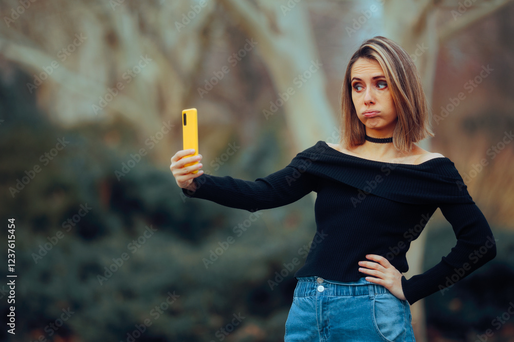 Confused Woman Trying to Take a Good Selfie and Pose. Awkward lady ...
