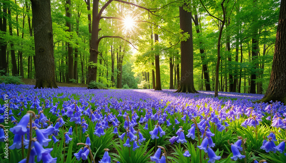 Sunlight illuminating bluebell flowers in vibrant green forest Stock ...
