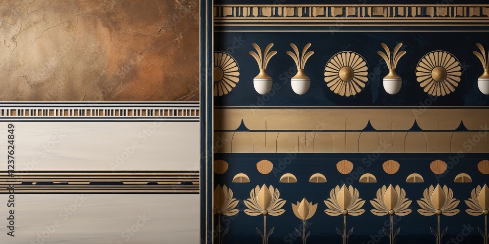 Egyptian Style Decorative Walls with Gold Leaf Details on Blue and ...
