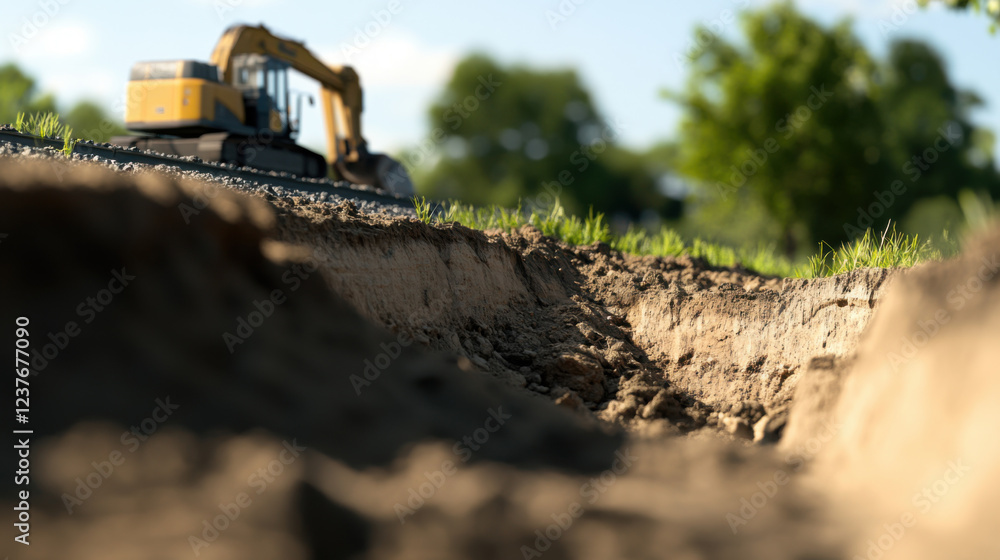 Excavator working on slope stability along railway, showcasing earth ...