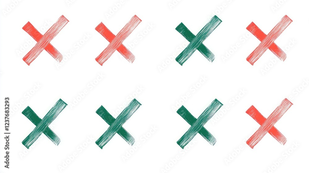 Simple green check marks and bold red X marks on a clean vector grid ...