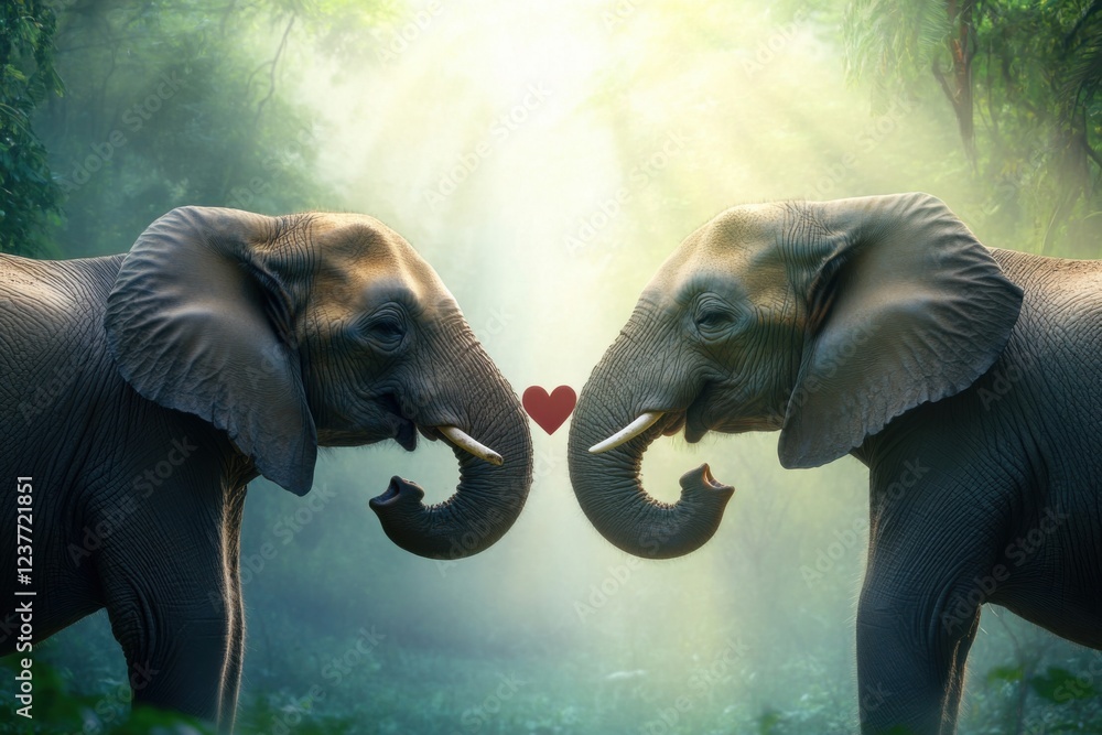 Elephants exchange love notes in a vibrant jungle under a colorful ...